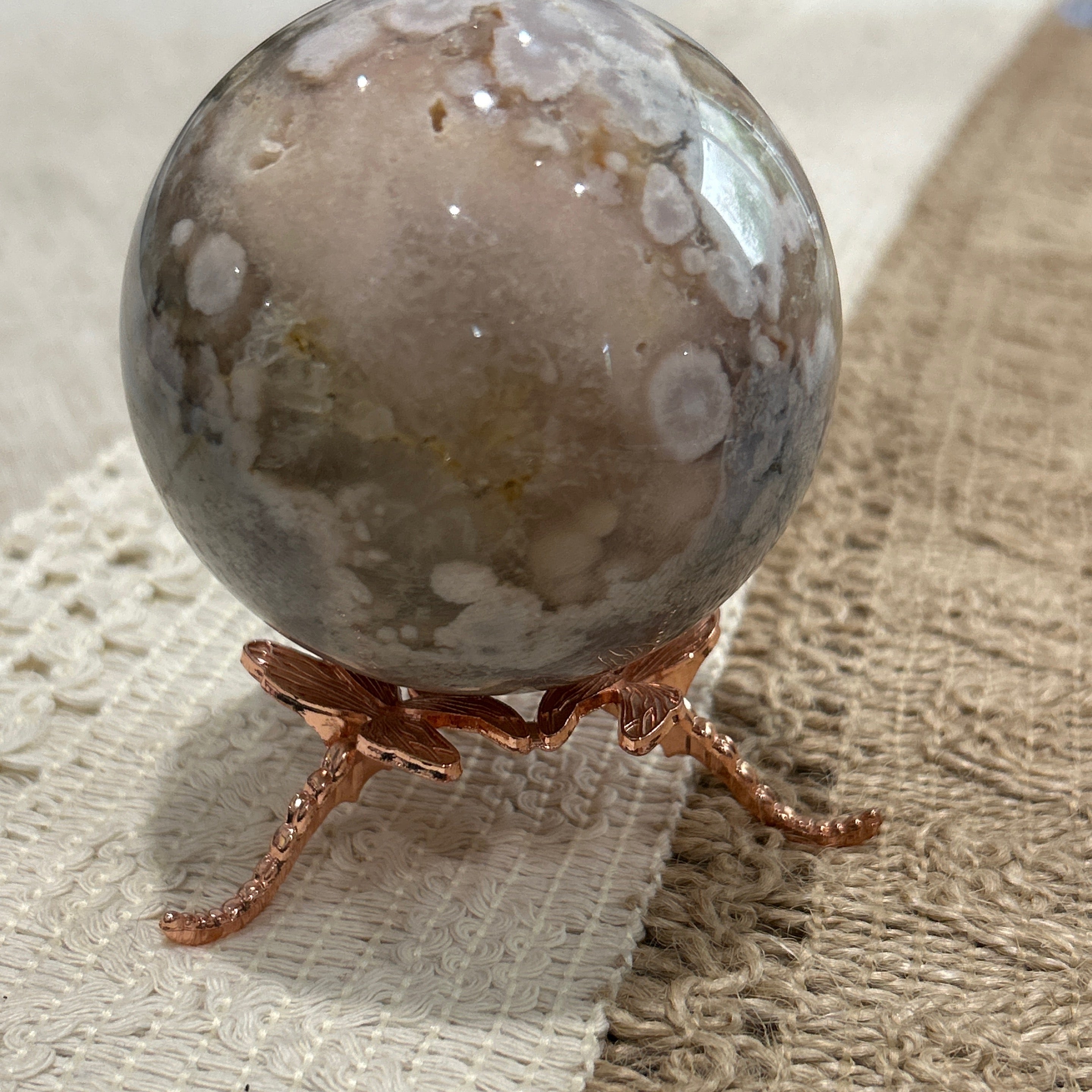 8cm Flower Agate Sphere with dragonfly stand | Amanda Bourke Psychic Medium